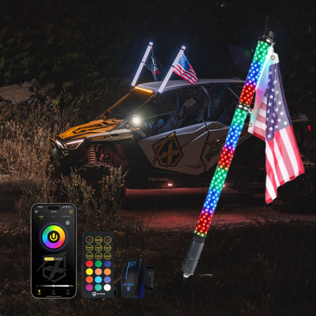RGB-W Fat Whip Lights with Harness & Bluetooth Remote for UTV, ATV
