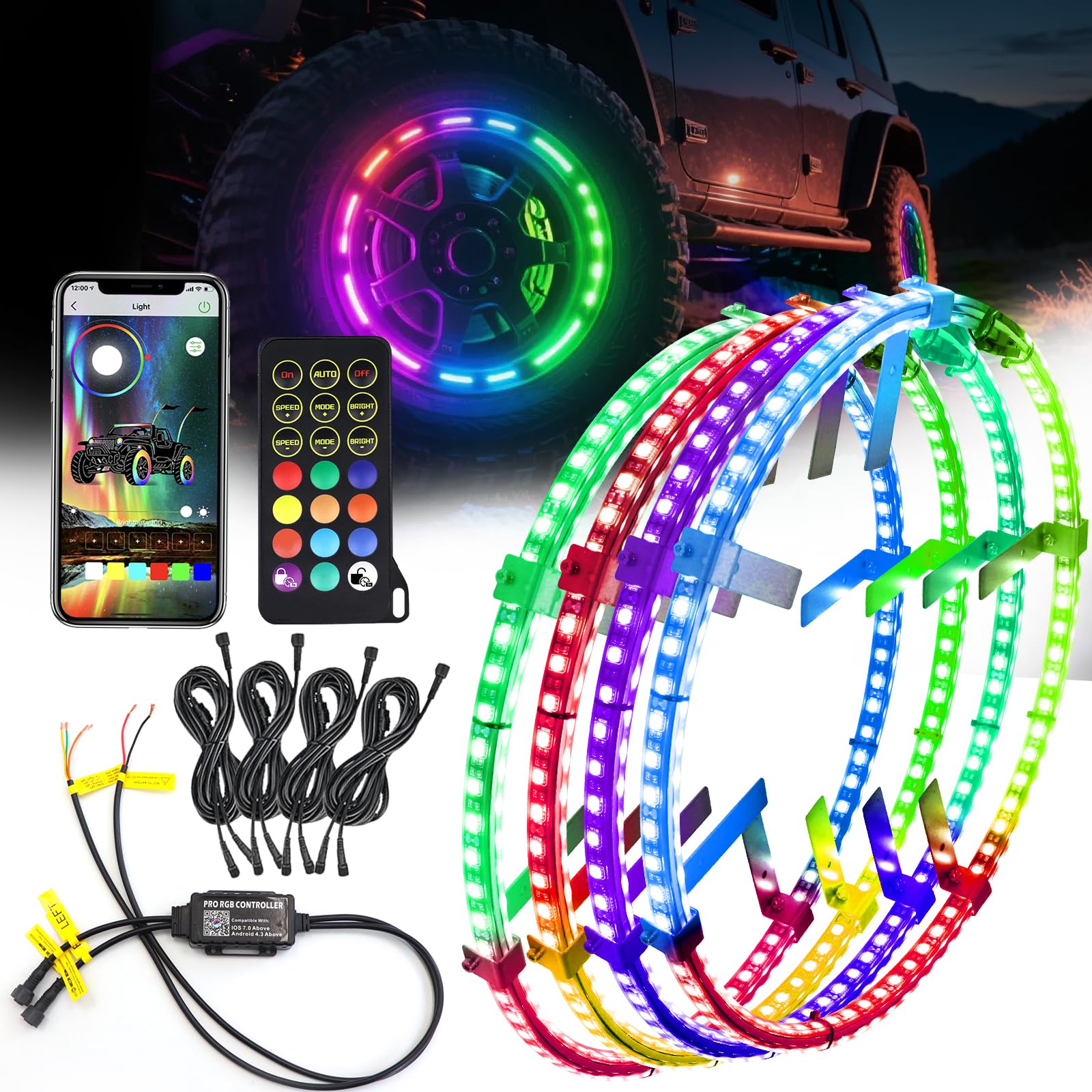4PCS 17" Double Sided RGB LED Wheel Ring Lights with APP & Remote Cont