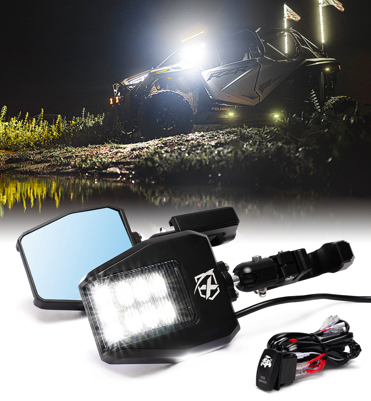 UTV Side Mirrors with Spotlights & Puddle Lights for 1.5" to 2" Roll ...