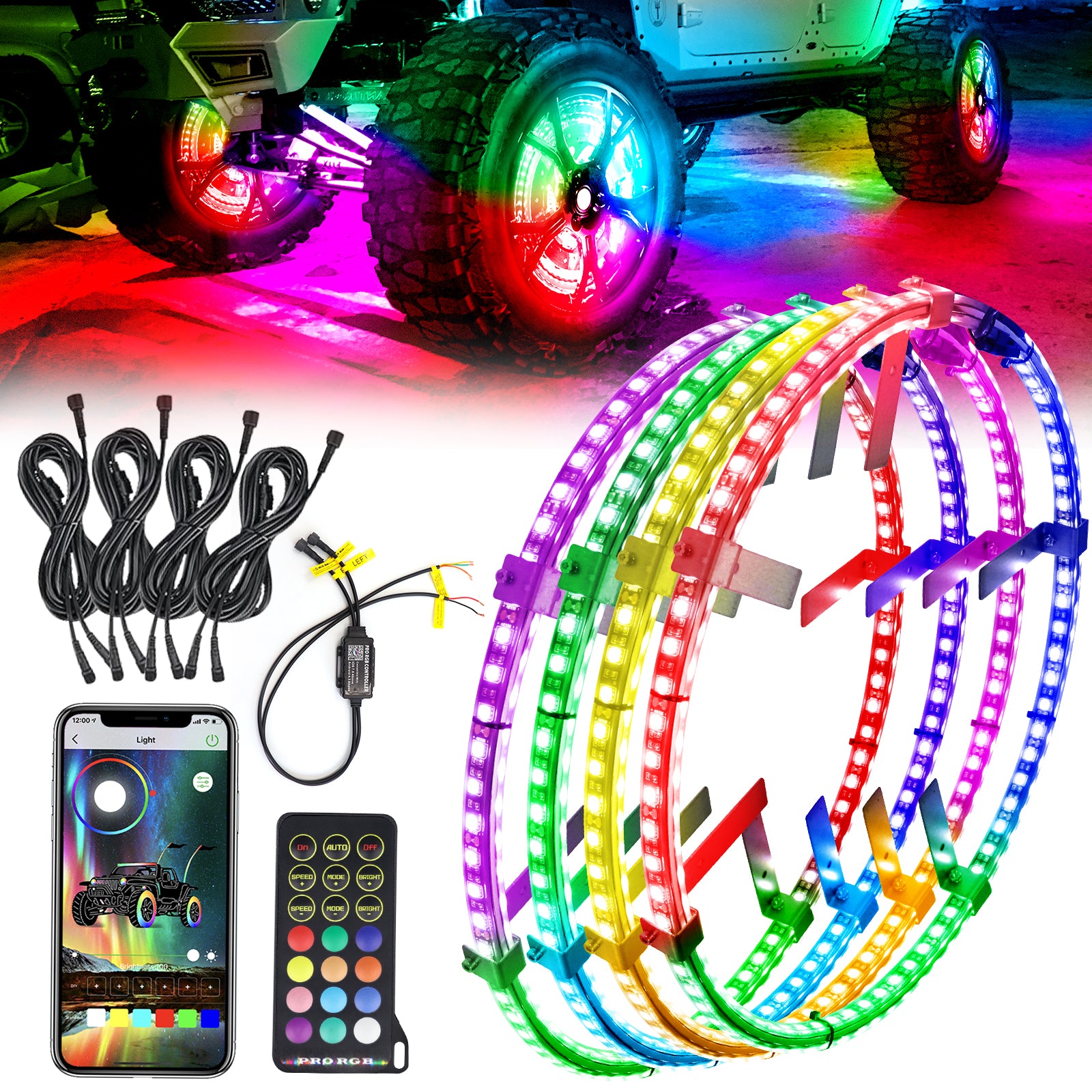Double Sided RGB LED Wheel Ring Lights for Trucks Pickups Cars Offroad