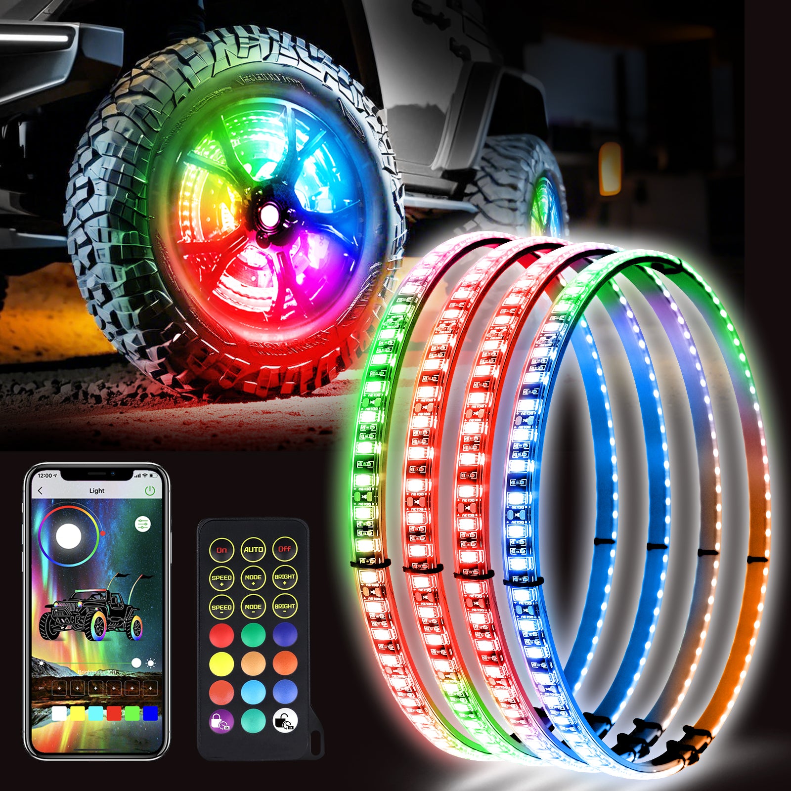 Single Row RGB LED Wheel Ring Lights for Trucks Pickups Cars Offroad