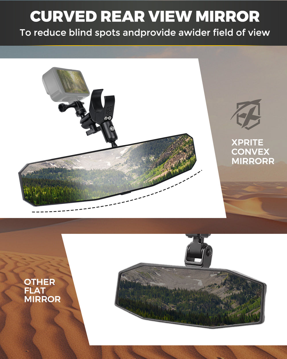 UTV Center Mirror with LED Lights & GoPro Mount | SXS Rear View Mirror