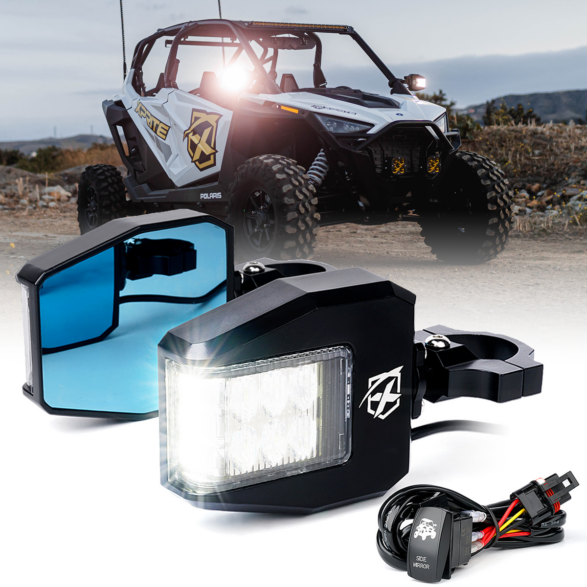 UTV Side View Mirrors with Spotlights Fit for 1.6"-2" Roll Bars